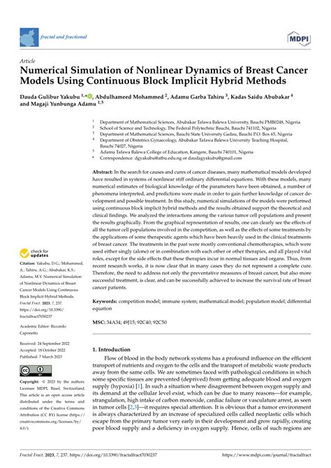 PDF Numerical Simulation Of Nonlinear Dynamics Of Breast Cancer Models Using Continuous Block