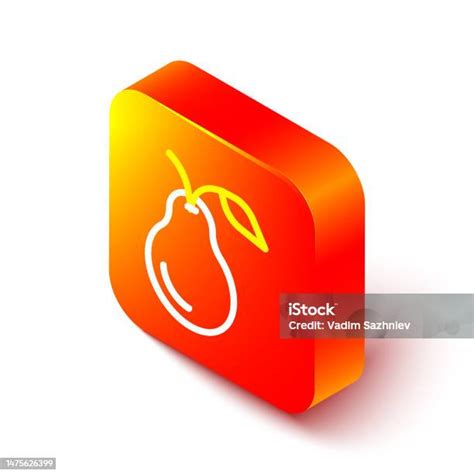 흰색 배경에 격리된 등색 선 Pear 아이콘입니다 잎 기호와 과일 주황색 정사각형 버튼 벡터 0명에 대한 스톡 벡터 아트 및
