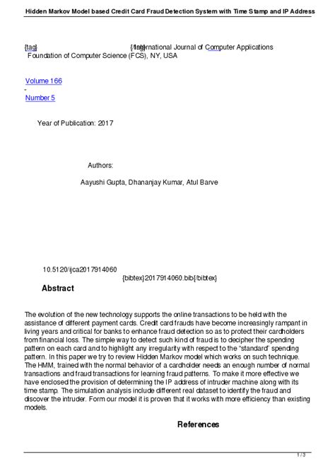 Pdf Hidden Markov Model Based Credit Card Fraud Detection System With Time Stamp And Ip