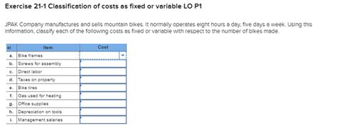 solved exercise 21 1 classification of costs as fixed or