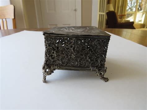 Antique Filigree Metal Jewelry Box Footed Vintage Etsy