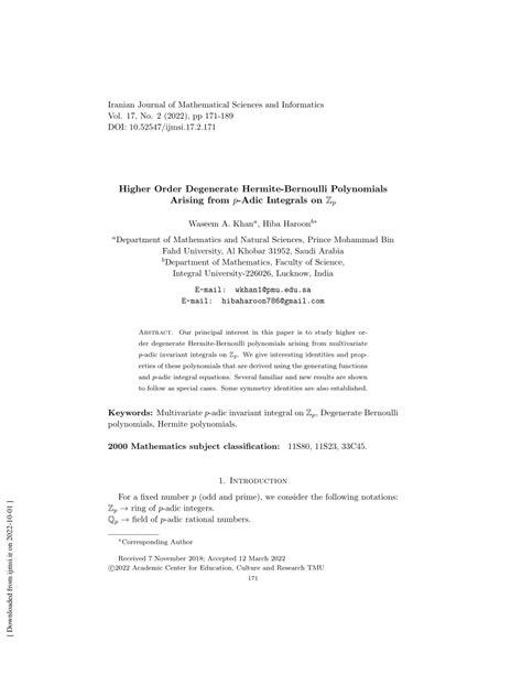 Pdf Higher Order Degenerate Hermite Bernoulli Polynomials Arising From P Adic Integrals On Z P