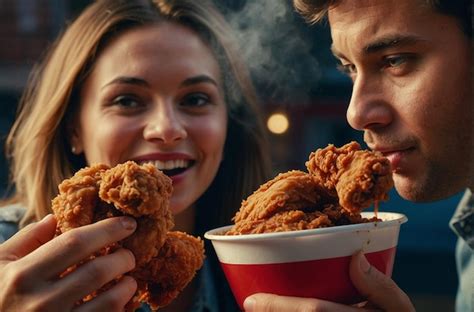 Friends Enjoying Fried Chicken Premium Ai Generated Image