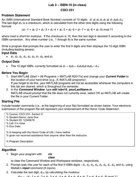 Solved Lab 3 Isbn 10 In Class Csci 251 Problem Statement