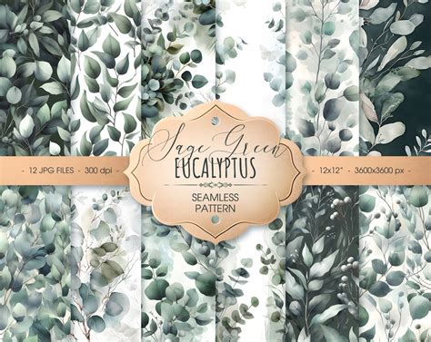 Eucalyptus Seamless Pattern Printable Sage Green Greenery Digital