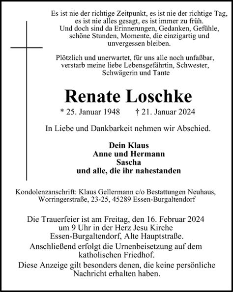 Traueranzeigen Von Renate Loschke Trauer In Nrwde