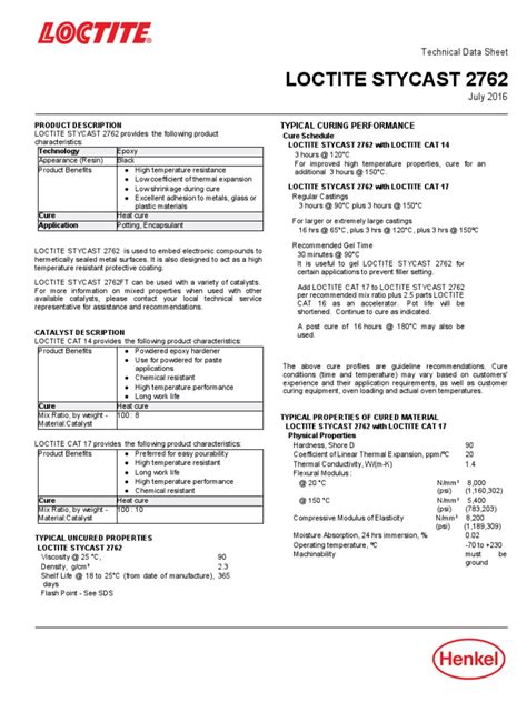 Loctite Stycast 2762 Technical Data Sheet Pdf Epoxy Applied And Interdisciplinary Physics