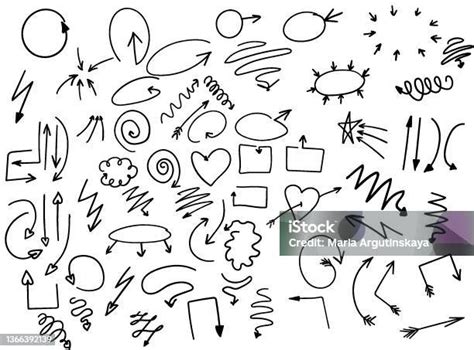 그려진 낙서의 기술에 다른 모양과 스타일의 화살표 세트 화살표 포인터의 벡터 컬렉션 거품 심장 점선 줄무늬 화살표 양쪽에 화살표 화살표에 대한 스톡 벡터 아트 및 기타