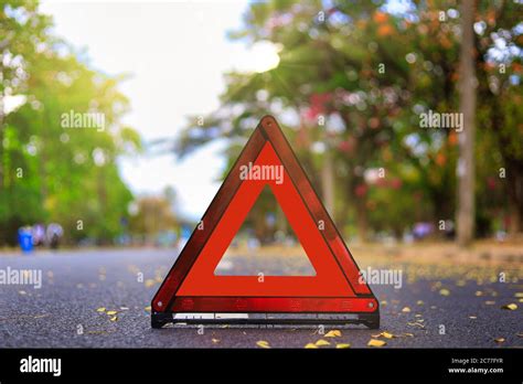 Red Triangle Red Emergency Stop Sign Red Emergency Symbol On Road With Copy Space For Text Or