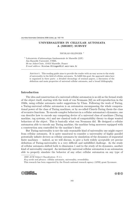 Pdf Universalities In Cellular Automata A Short Survey