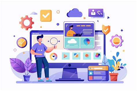 Premium Vector A Man Standing In Front Of A Computer With Icons Representing Various Functions