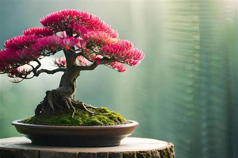 Premium AI Image Bonsai Tree With Moss On A Stump
