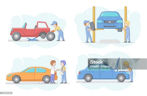 자동차 수리 점 개념 균일 한 변화하는 차량 타이어 및 수리 엔진의 전문 역학 세트 서비스에서 자동차를 고정 남성 문자 만화 선형 윤곽선 플랫 벡터 일러스트레이션 개념에