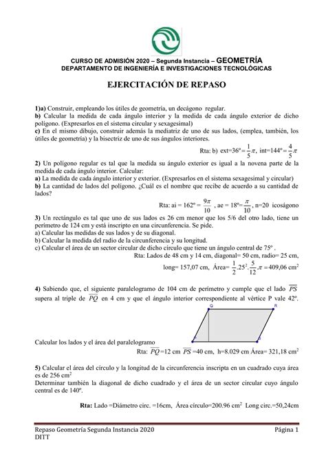 Hoja De Trabajo De Geometría De Paralelogramo Respuestas