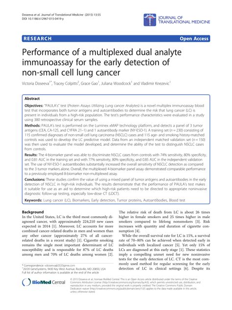 Pdf Performance Of A Multiplexed Dual Analyte Immunoassay For The Early Detection Of Non Small