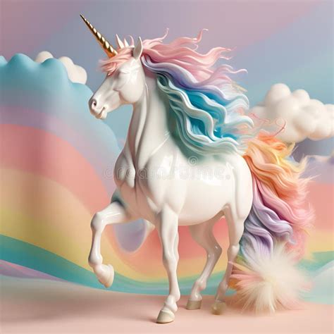 Abstract 3d Unicorn And Rainbow On Clouds Cute Stock Illustration