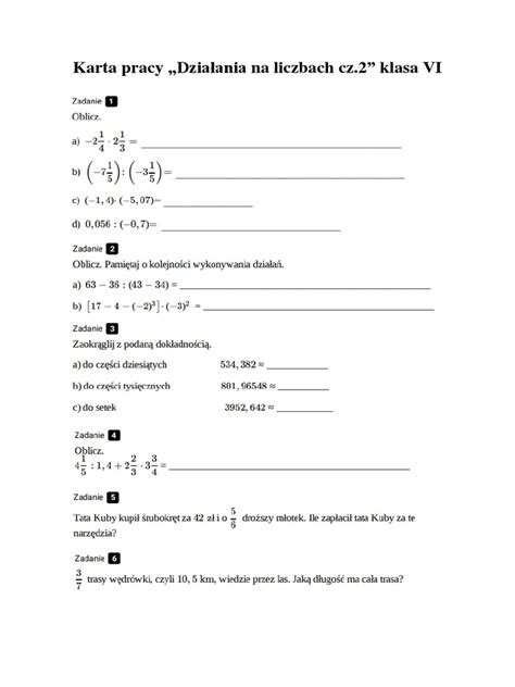 Sprawdzian Z Matematyki Klasa 6 Działania Na Liczbach Część 2