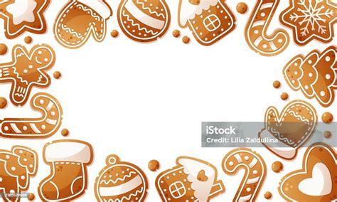 흰색 배경에 다른 모양의 진저 브레드의 직사각형 프레임 템플릿 텍스트를 위한 빈 공간입니다 크리스마스 진저 브레드 쿠키 진저 브레드 남자 새해와 크리스마스 디자인에 적합
