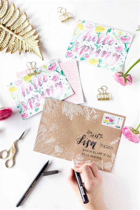Diy Happy Mail Im Frühling And Aquarell Briefmarken Selbst Gestalten Umschlag Kunst Postkarten