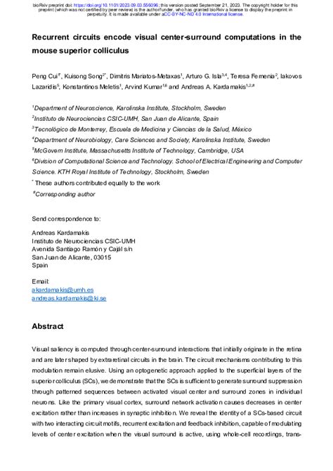 pdf recurrent circuits encode visual center surround computations in the mouse superior colliculus