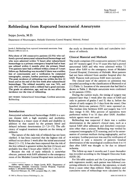 Pdf Rebleeding From Ruptured Intracranial Aneurysms