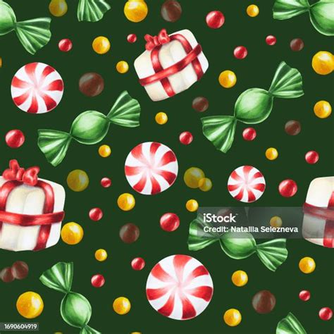 크리스마스 사탕 삽화가 있는 수채화 원활한 패턴 새해 손으로 그림을 그리는 막대 사탕은 하얀 배경에 분리되어 있다 디자이너 음식 장식 메뉴 상점 엽서 포장지 표지 포스터 및