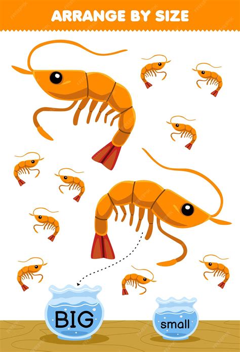 아이들을 위한 교육 게임은 크거나 작은 크기로 정렬하여 귀여운 만화 새우 인쇄 가능한 수중 워크시트의 어항에 넣습니다