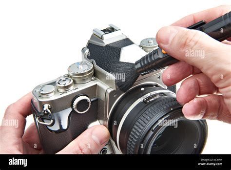 Cleaning Body Photographic DSLR Camera From Dust With A Brush Stock Photo Alamy