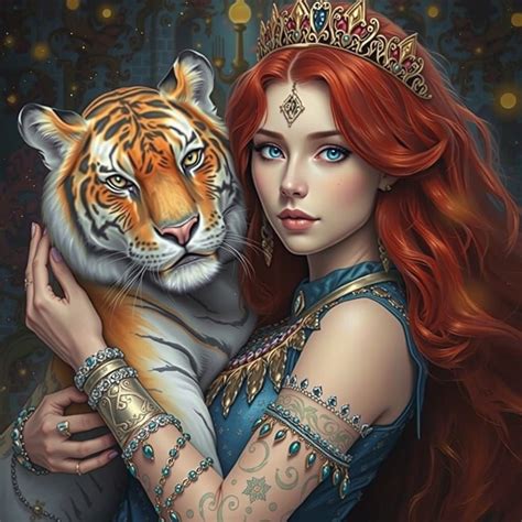 Ginger Princess Playing With A Tiger In A Castle