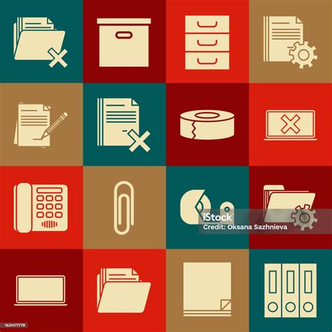 서류 및 문서 폴더 설정 톱니바퀴 화면의 노트북 십자 표시 서랍 파일 삭제 빈 노트북 연필 지우개 및 스카치 아이콘이 있는 Office 폴더를 설정합니다 벡터 0명에 대한