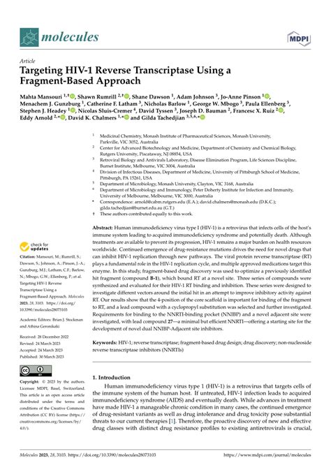Pdf Targeting Hiv 1 Reverse Transcriptase Using A Fragment Based Approach