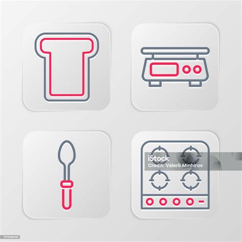라인 설정 가스 렌지 티스푼 전자 저울 및 빵 토스트 아이콘 벡터 가열장치에 대한 스톡 벡터 아트 및 기타 이미지 가열장치 건강한 생활방식 곡초류 Istock