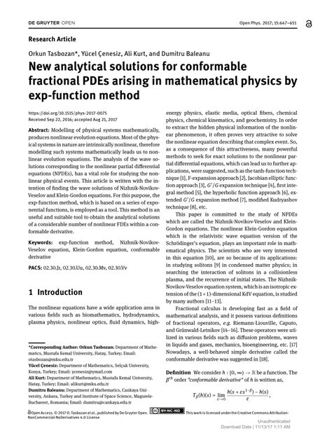 Pdf New Analytical Solutions For Conformable Fractional Pdes Arising