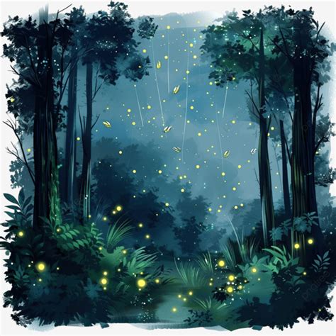 Forest Scene At Night With Fireflies Forest Jungle Abstract Png