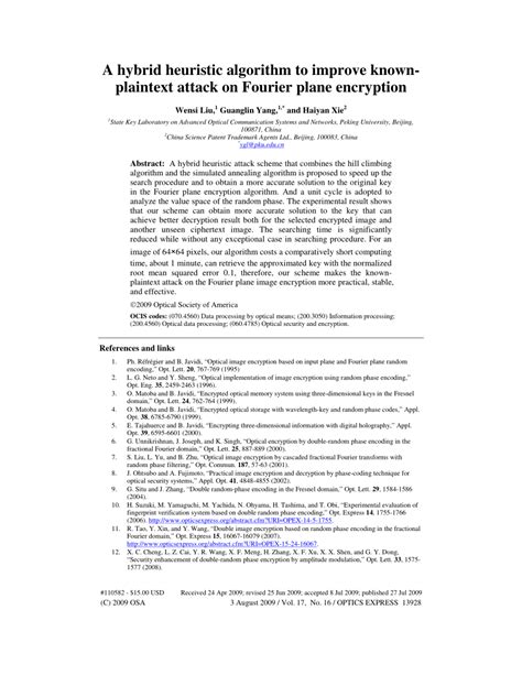 Pdf A Hybrid Heuristic Algorithm To Improve Known Plaintext Attack On