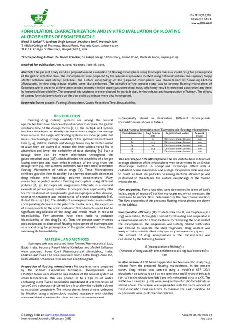 Pdf Formulation Characterization And In Vitro Evaluation Of Floating Microspheres Of