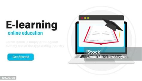 E러닝 온라인 교육 디지털 온라인 교육 홈 스쿨링 오픈 북과 졸업 모자가있는 노트북 웹 페이지 웹 코스 또는 자습서 노트북