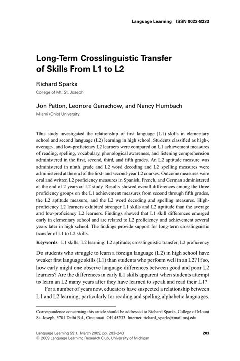 Pdf 4 Long Term Cross Linguistic Transfer Of Skills From L1 To L2
