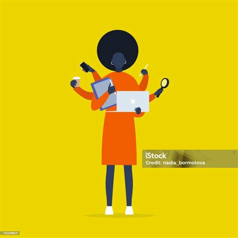 멀티태스킹 천년의 개념 동시에 많은 작업을 수행 하는 여섯 손으로 젊은 검은 여성 캐릭터 평면 편집 가능한 벡터 일러스트