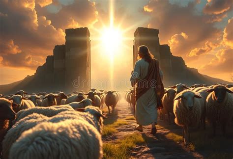 Jesus Leading His Flock To The Gates Of Heaven Stock Illustration