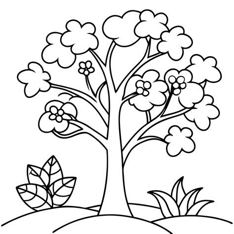 A Coloring Page Of An Sweetpea Tree And Garden With No Color Just Black Lines Vector