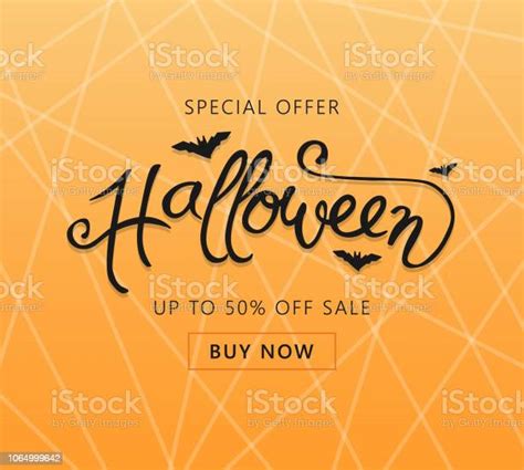 해피 할로윈 판매 배너 또는 파티 초대 카드 그라데이션 오렌지 배경입니다 서 예 및 만화 박쥐와 벡터 일러스트입니다 10월에 대한 스톡 벡터 아트 및 기타 이미지 Istock