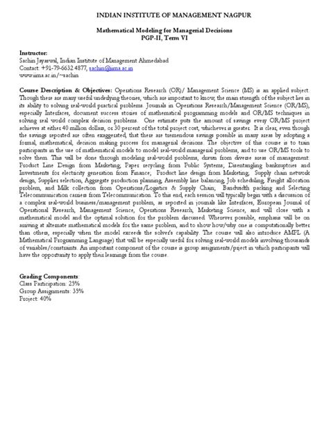 Mathematical Modeling For Managerial Decisions Course Outline Pdf