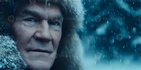 A Rugged Older Man Wears A Fur Hat Covered In Snow In A Cold Blizzard
