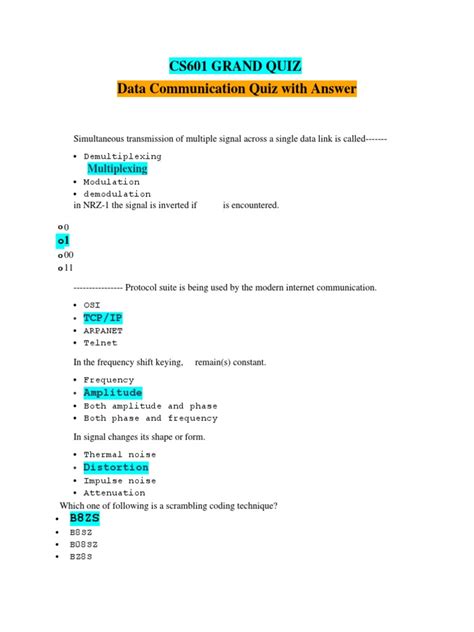 cs601 grand quiz pdf modulation computer network