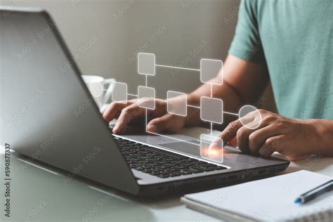 Business Process And Workflow Automation With Flowchart Businessman Using Computer Analysis To