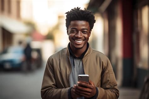 Young African American Man Using Mobile Phone Premium Ai Generated Image