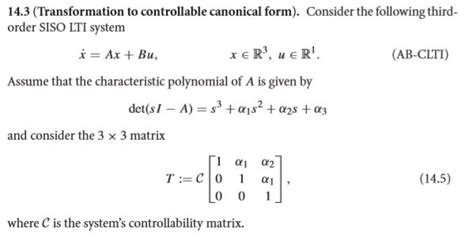 Solved 14 3 Transformation To Controllable Canonical Form