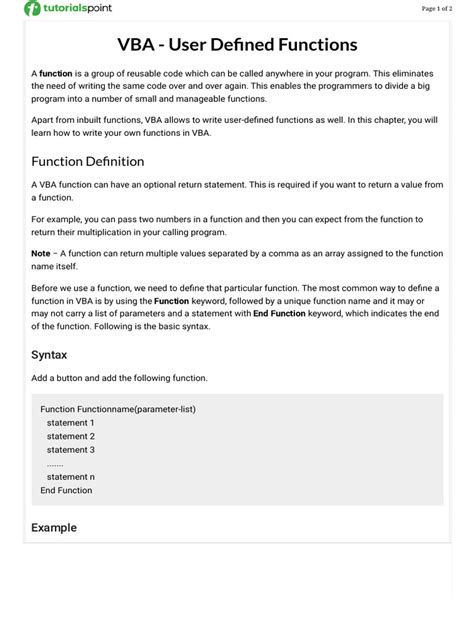Vba User Defined Functions Guide Pdf