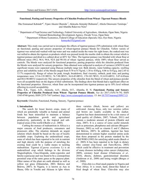 Pdf Functional Pasting And Sensory Properties Of Chinchin Produced From Wheat Tigernut Pomace